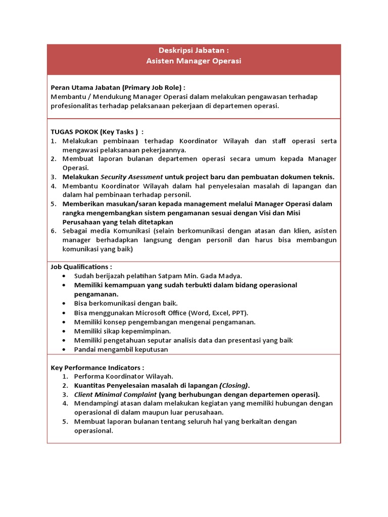 Sma-Jd-Ops-002. Asisten Manager Operasi | PDF