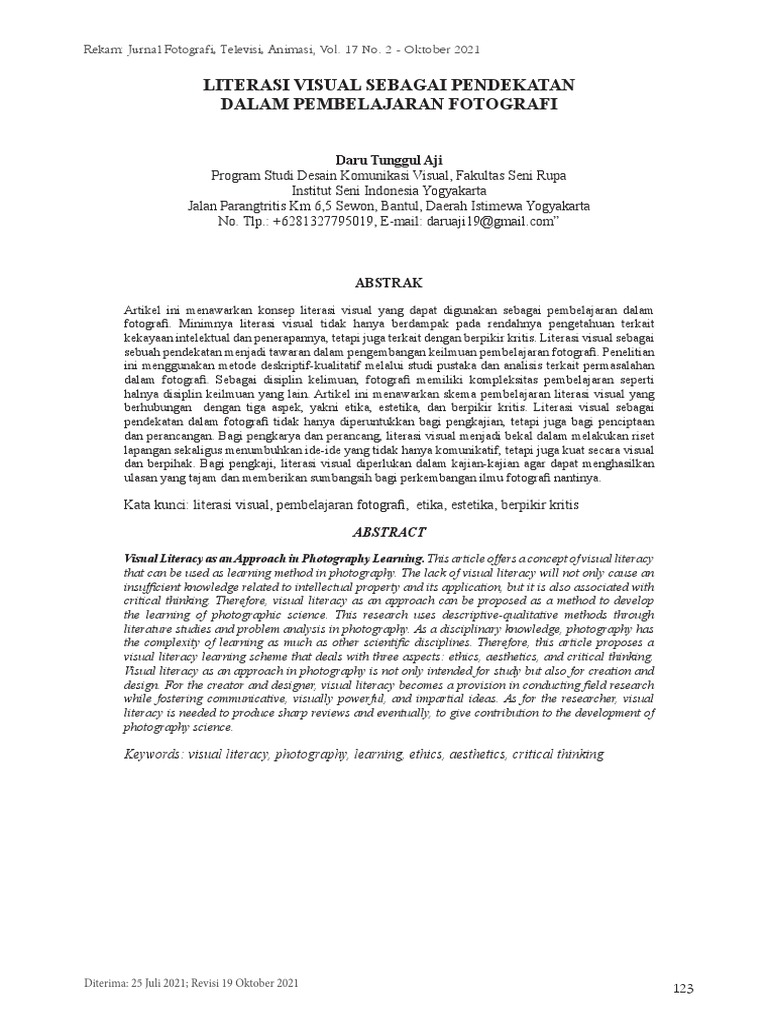 Literasi Visual Sebagai Pendekatan Dalam Pembelajaran Fotografi | PDF