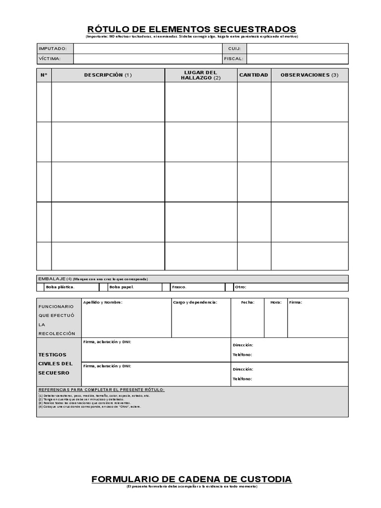 Rótulo de Elementos Secuestrados y Cadena de Custodia | PDF | Crímenes ...