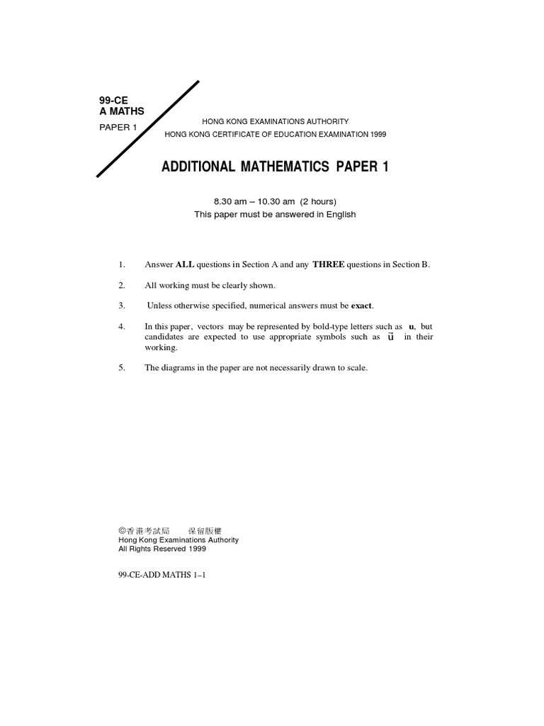HKCEE AMath 1999 Paper 1 de | PDF | Angle | Complex Number