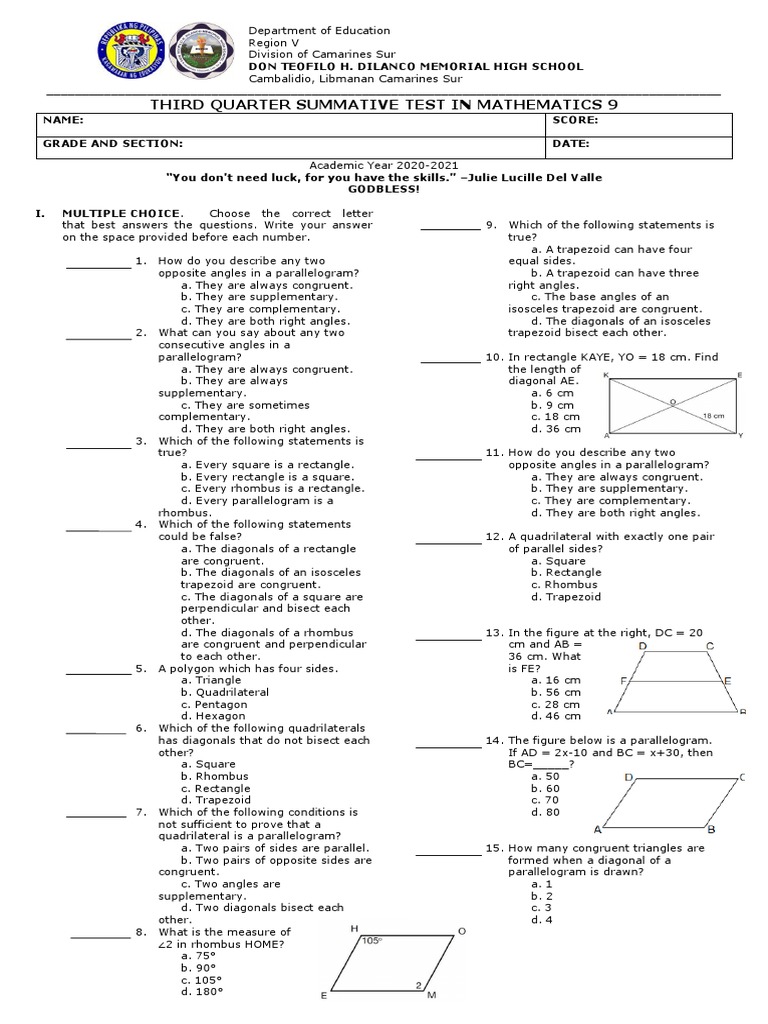 3rd Quarter Summative Test Math 9 Pdf Rectangle Elementary