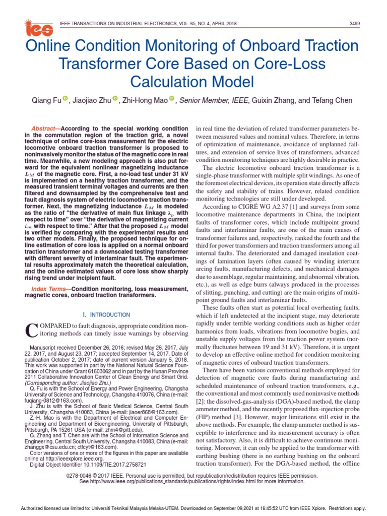 Online Condition Monitoring of Onboard Traction Transformer Core Based On Core-Loss Calculation ...