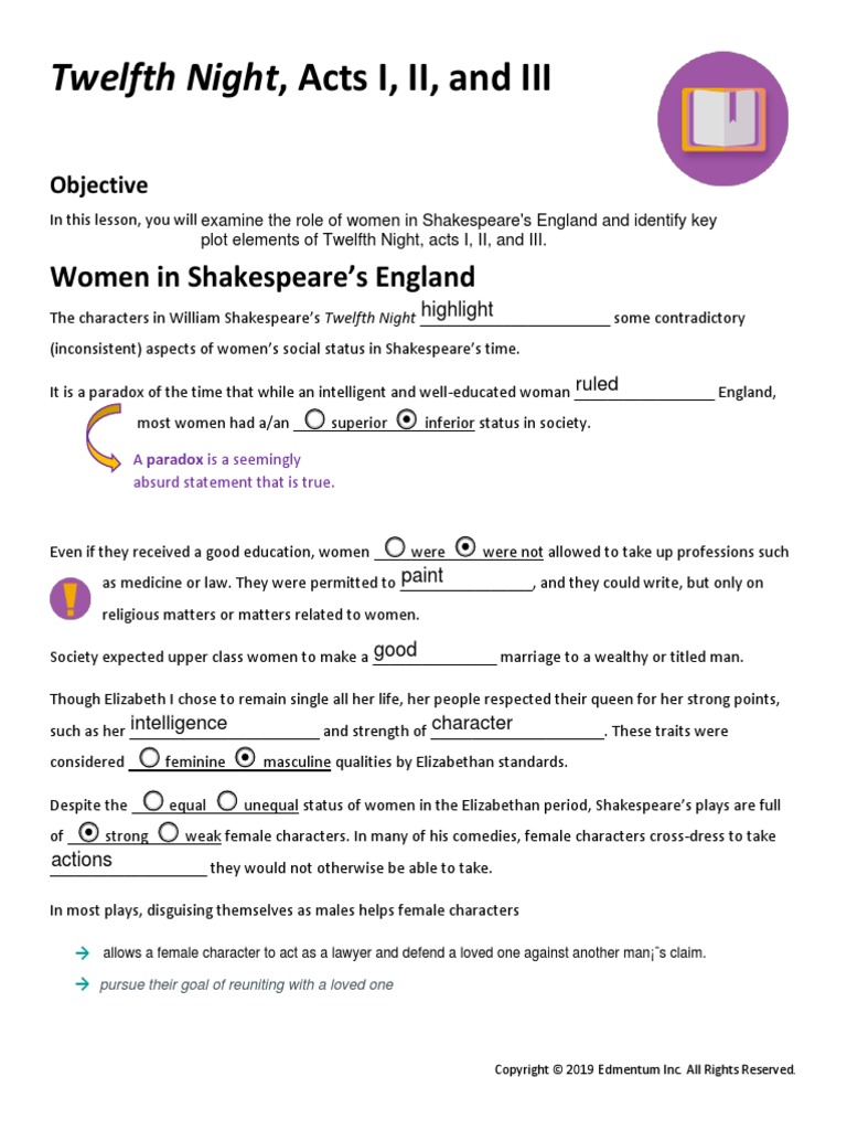 Twelfth Night, Acts I, II, and III: Women in Shakespeare's England ...