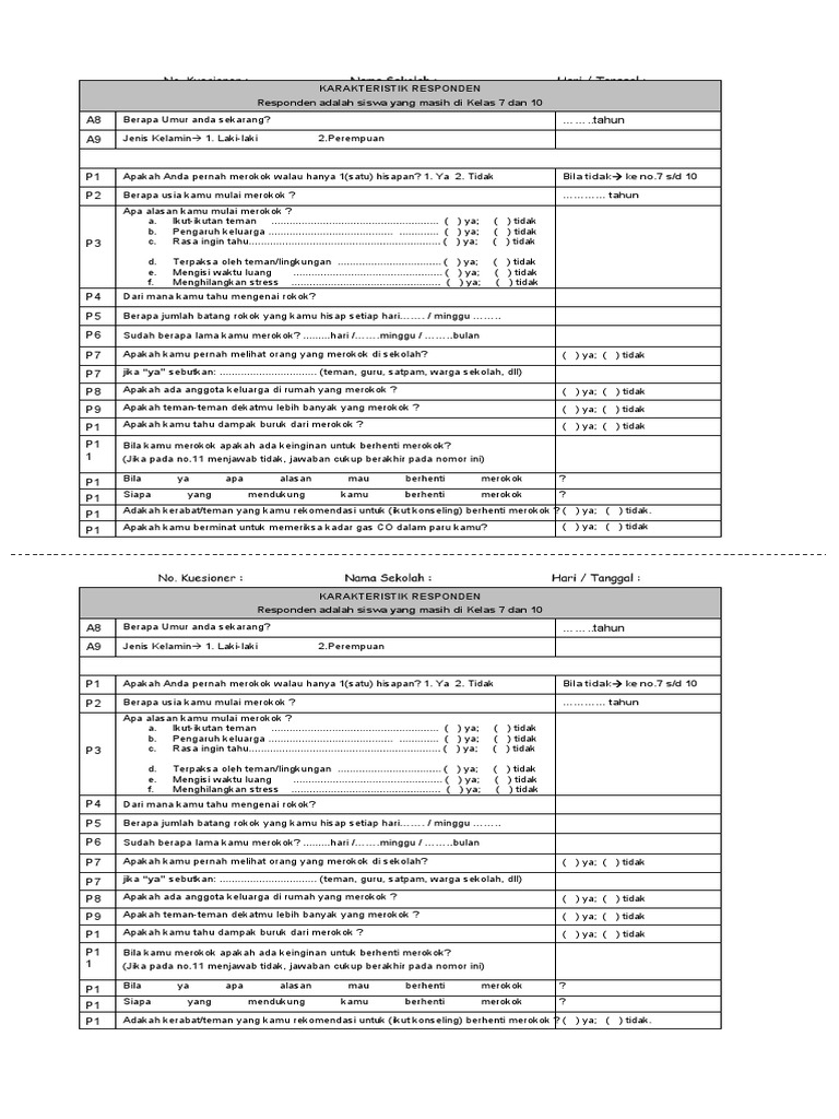 Kuesioner Merokok Siswa Siswi | PDF