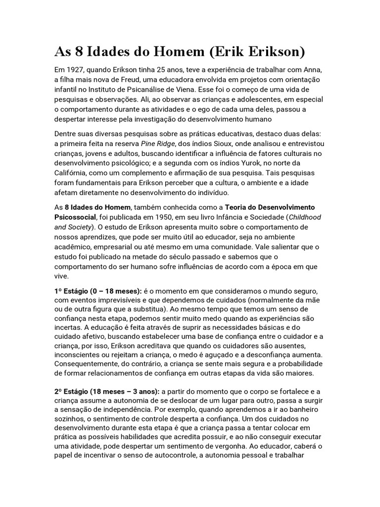 As 8 Idades Do Homem (Erik H. Erickson) | PDF | Aprendizado | Adolescência