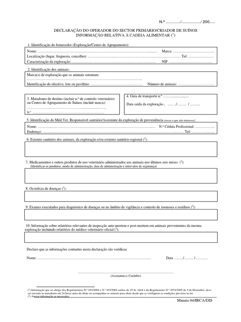 Minuta - IRCA - Suinos | PDF | Ciências da Saúde