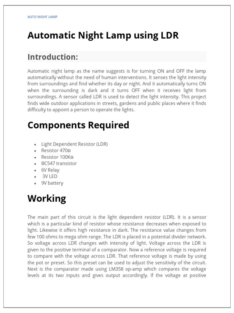 Automatic Night Lamp Using LDR | PDF | Relay | Resistor