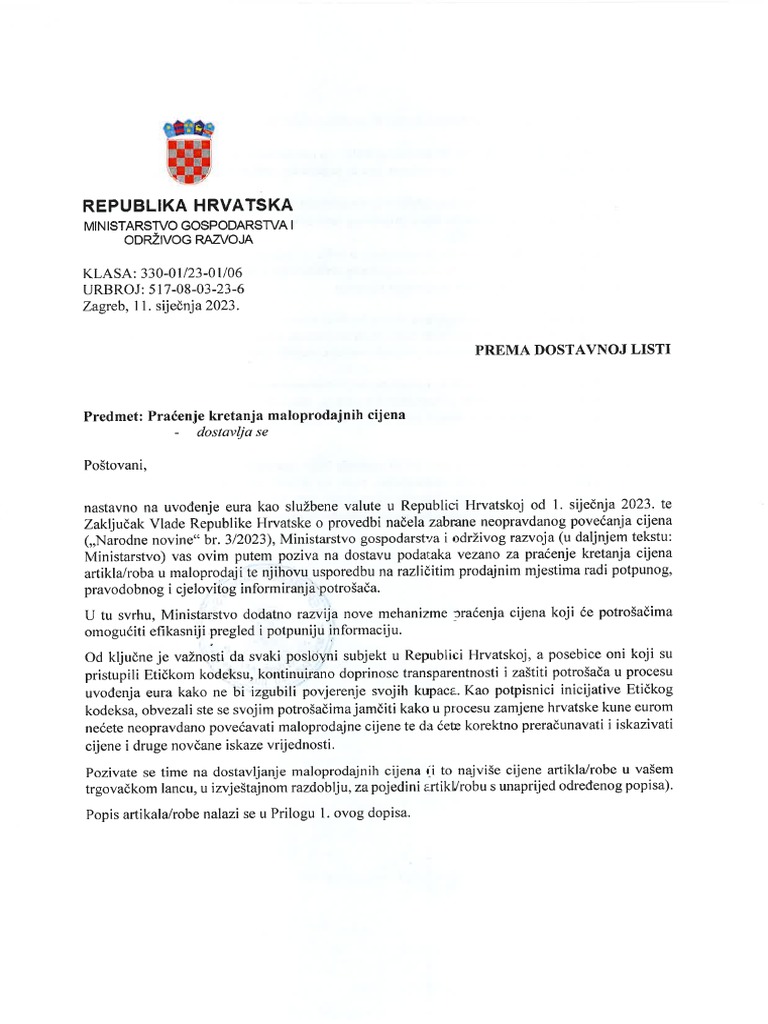 Dopis Ministarstva Gospodarstra I Održivog Razvoja | PDF