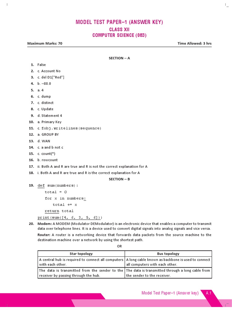 Computer Science Xii Model Test Paper 1 (Solved) | PDF | Network ...