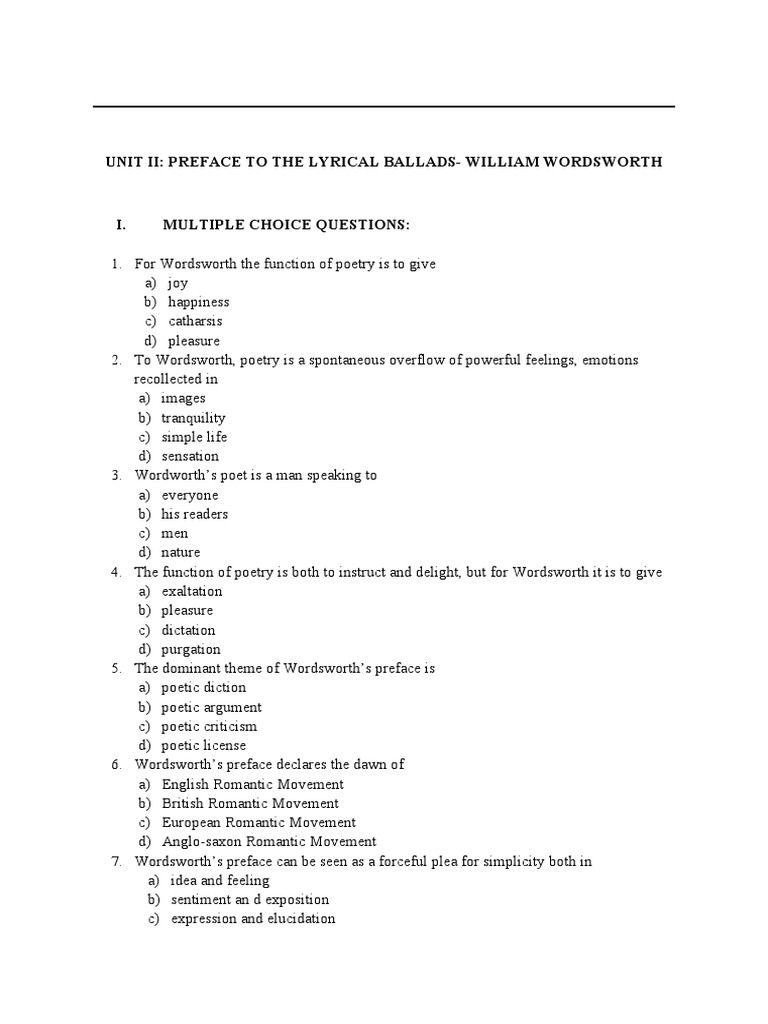 MCQ Wordsworth3 PDF | PDF | Poetry | William Wordsworth