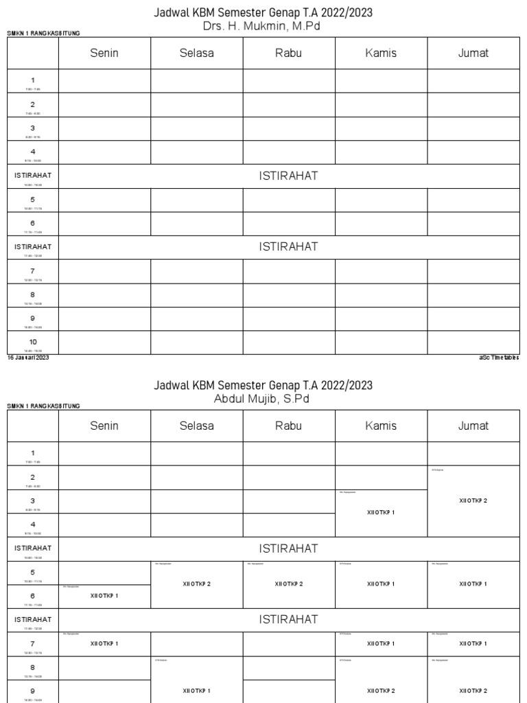 16 Januari 2023 Jadwal KBM Untuk Guru | PDF