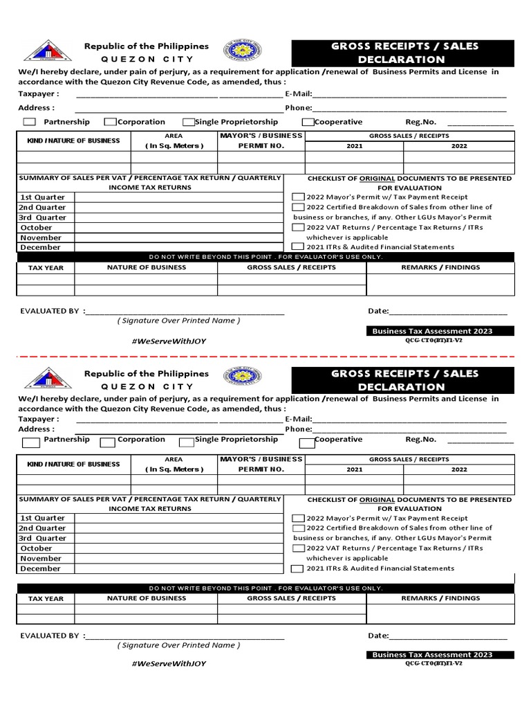 Gross Sales Declaration Form 2023 | PDF | Tax Return (United States ...