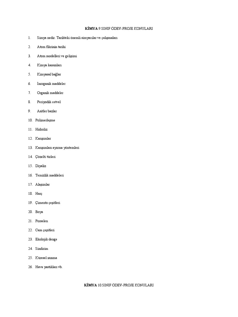 Lise 9101112.sınıflar Kimya Dersi Proje Ve Performans Konuları Listesi ...