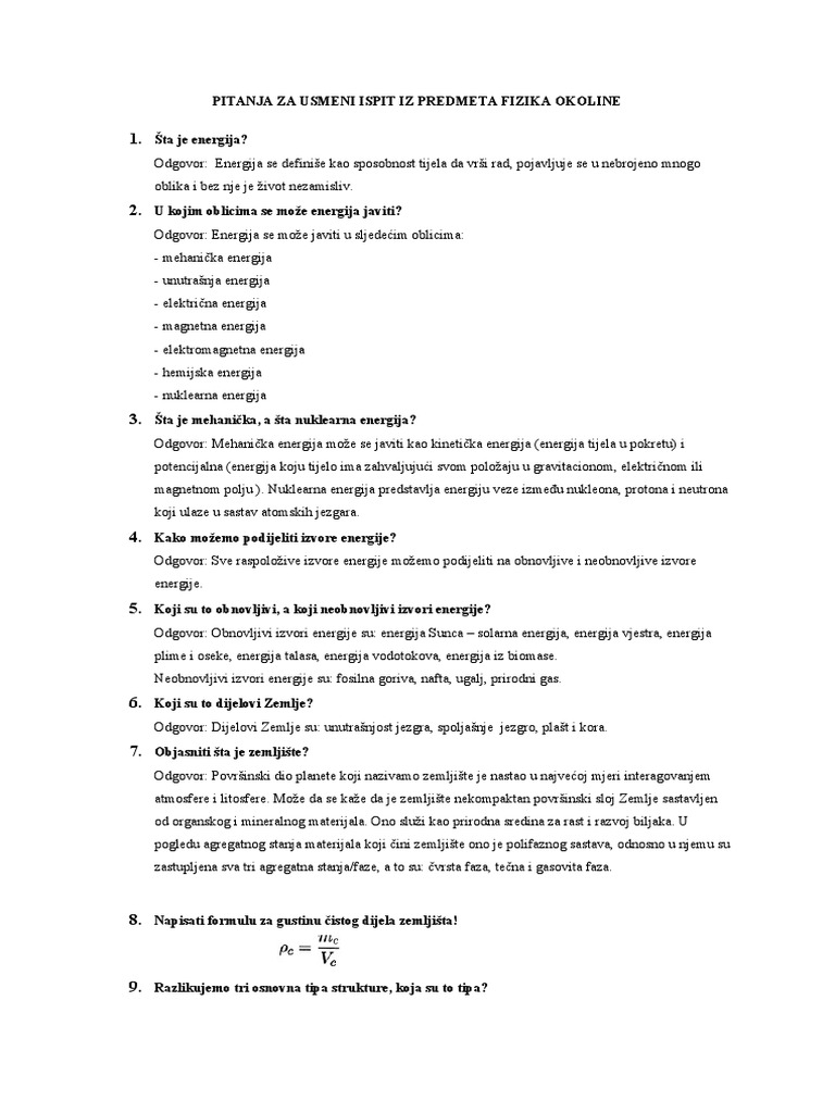 Pitanja Za Usmeni Ispit Iz Predmeta Fizika Okoline | PDF