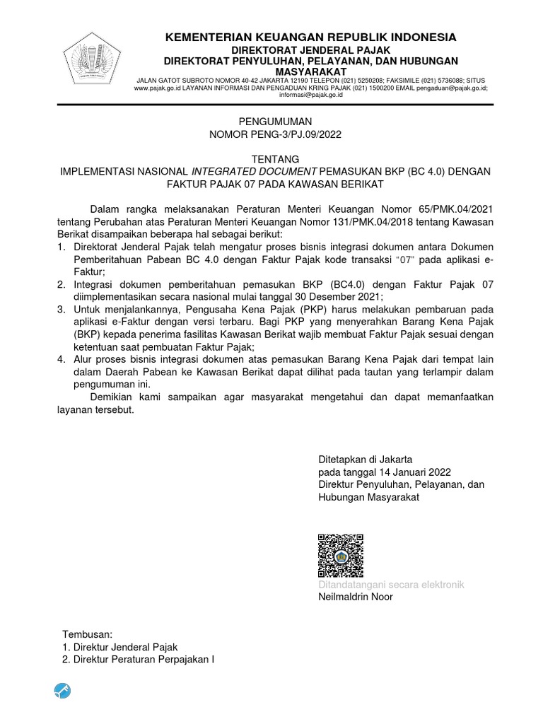 Implementasi Nasional Integrated Document Pemasukan BKP BC 4.0 Dengan Faktur Pajak 07 Pada ...