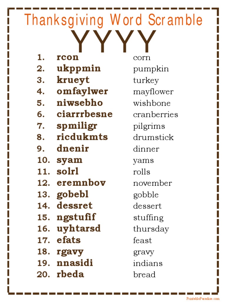 Thanksgiving Word Scramble Answers | PDF