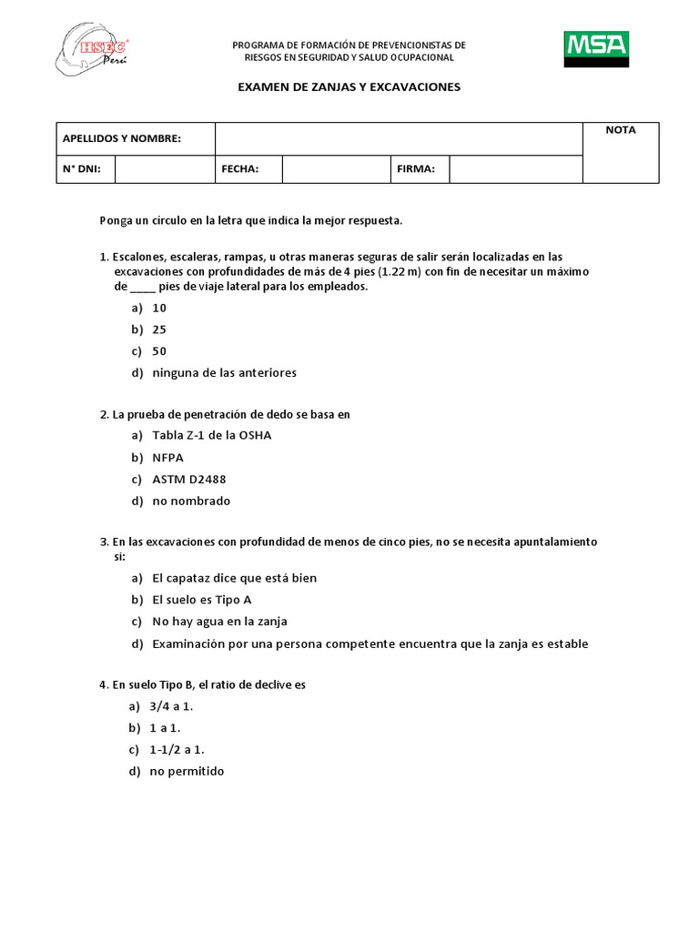 Zanjas y Excavaciones EXAMEN | PDF