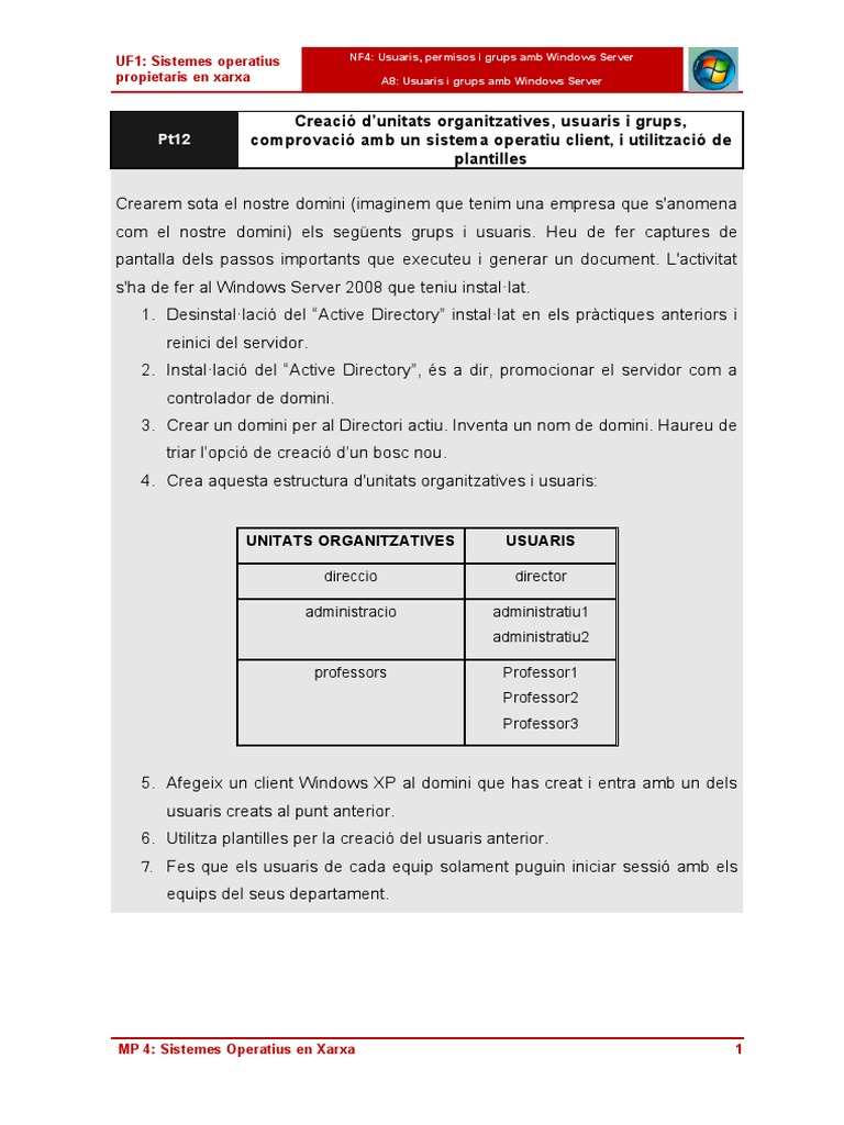 Pt12 - Creació UO, Usuaris I Grups, Comprovació Amb SO Client | PDF