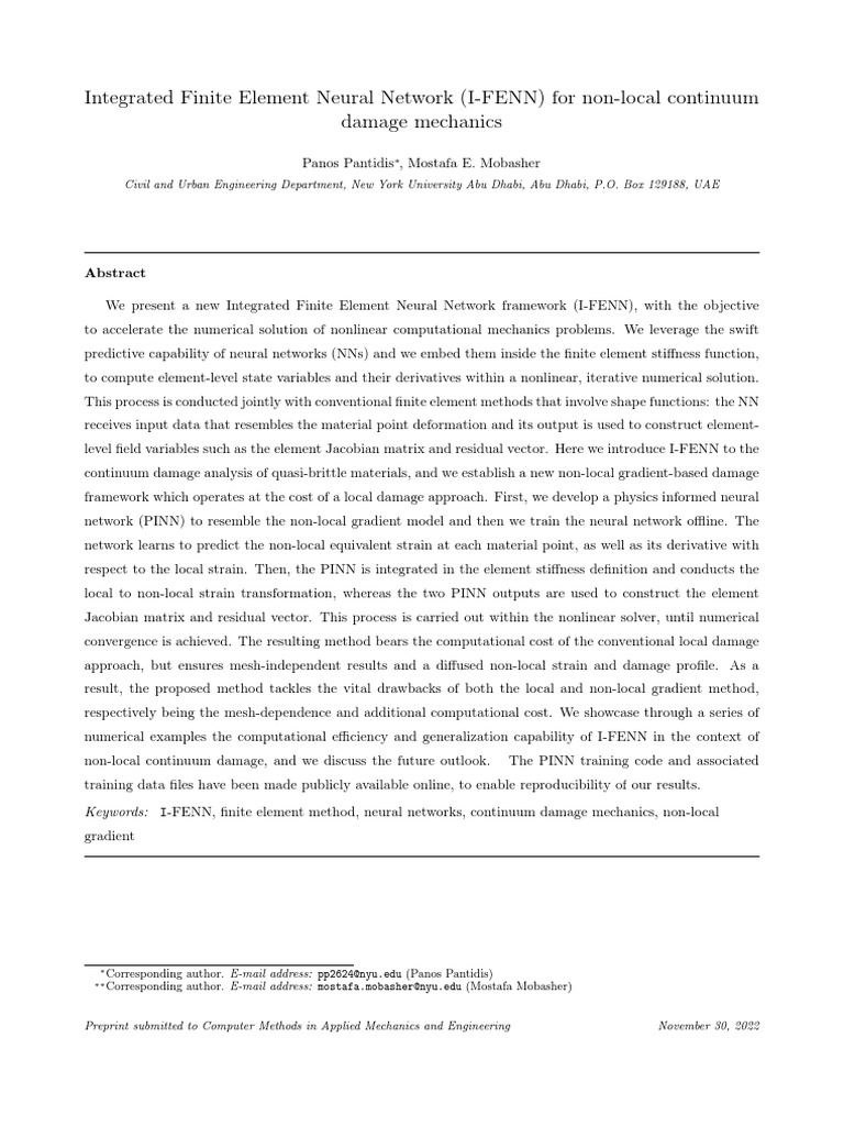 Integrated Finite Element Neural Network I FENN For Non Local Continuum Damage Mechanics ...