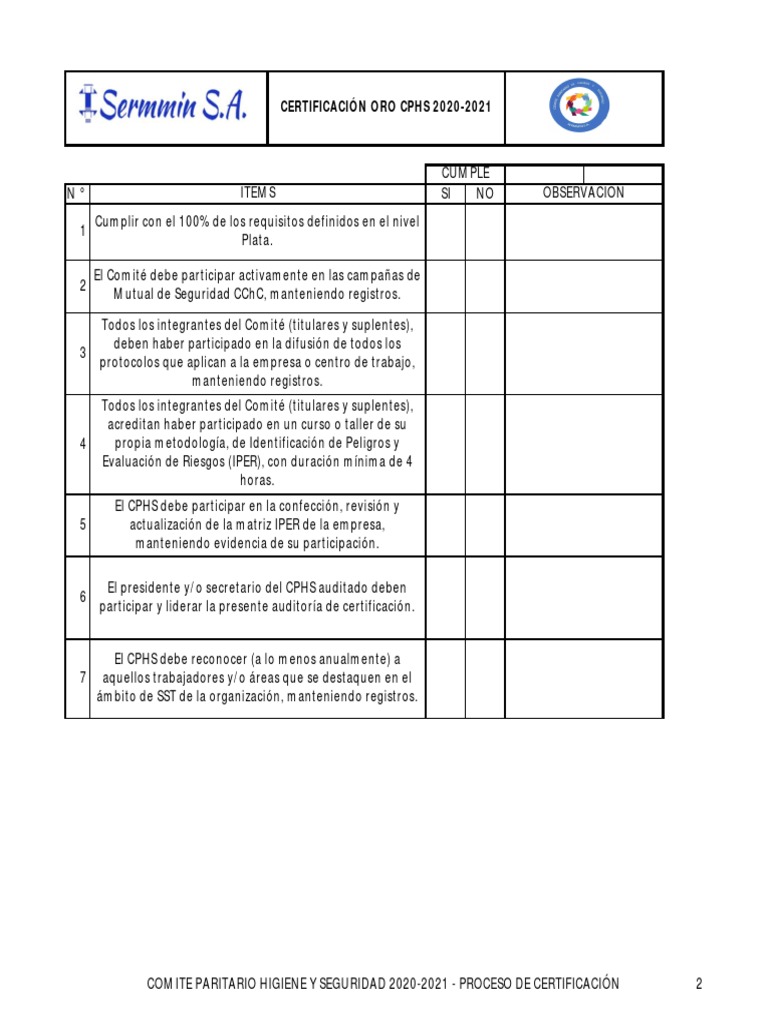 Check List Certif Oro CPHS | PDF