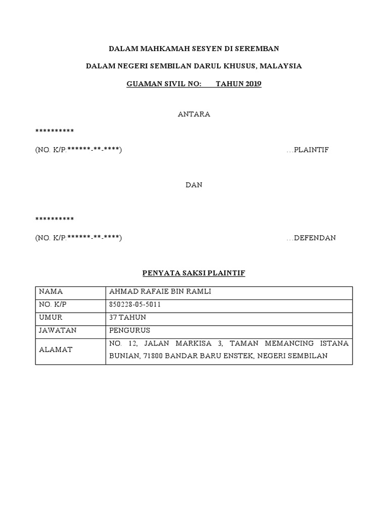 Penyata Saksi Plaintif (PW1) | PDF