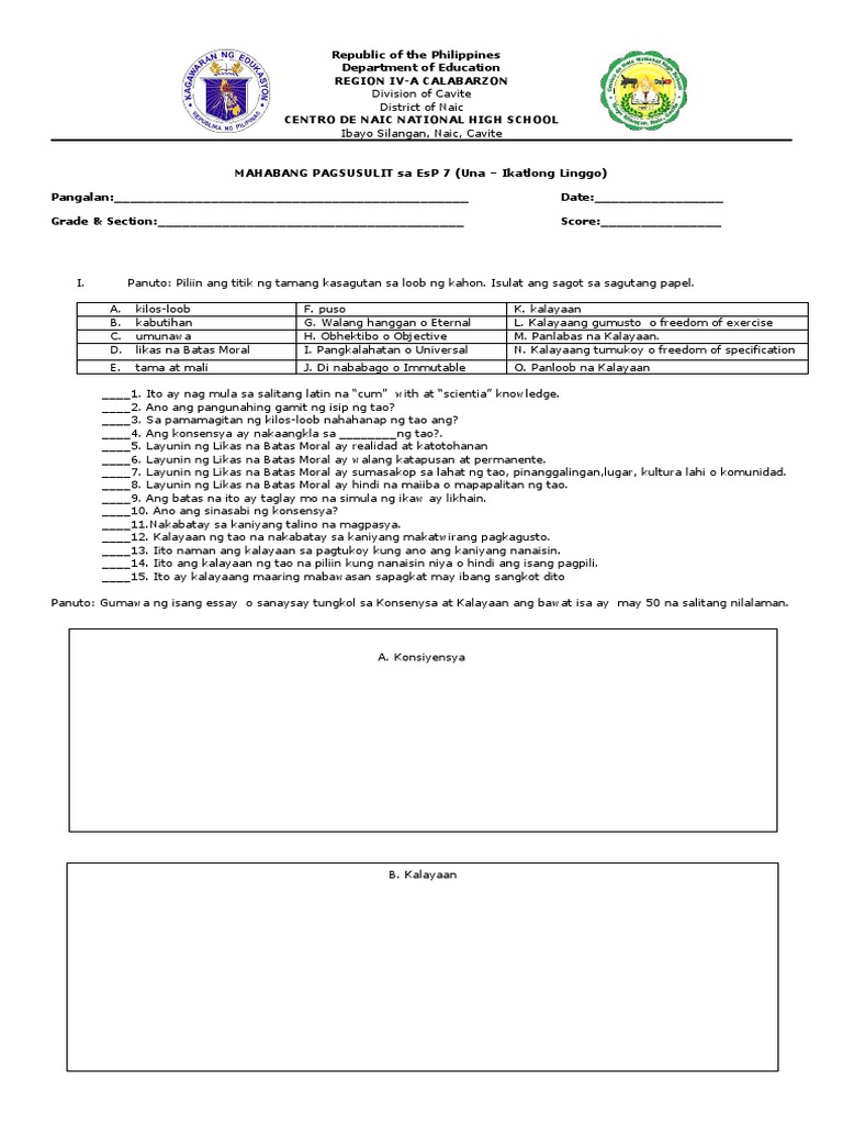 Esp Long Quiz Q2 Week 1-6 | PDF