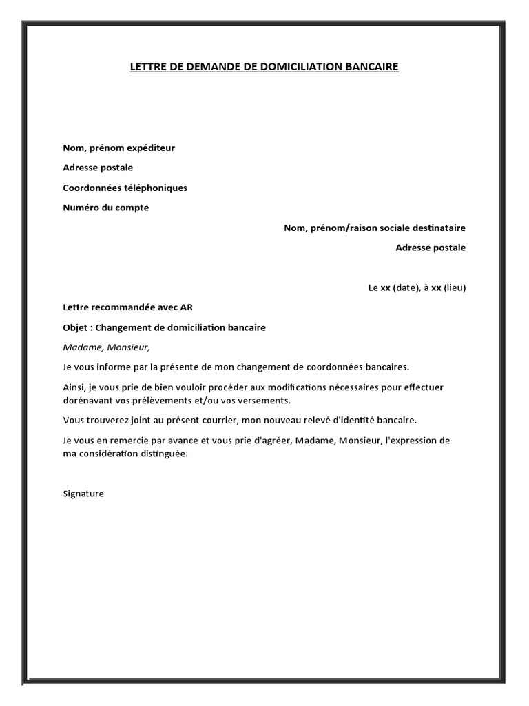 Lettre de Demande de Domiciliation Bancaire - Copie | PDF