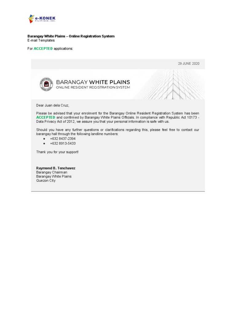 BIS - Brgy White Plains - E-Mail Templates - 07152020 | PDF