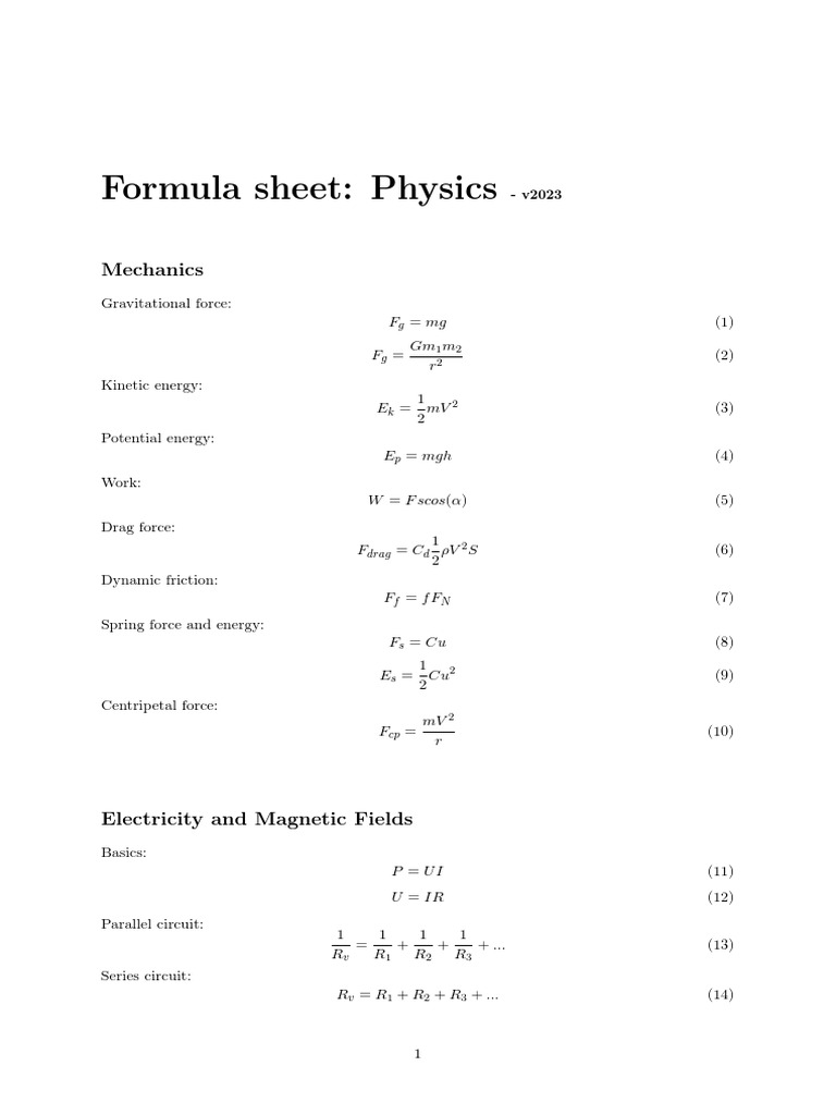 Formula Sheet Physics 2023 | PDF | Force | Metrology
