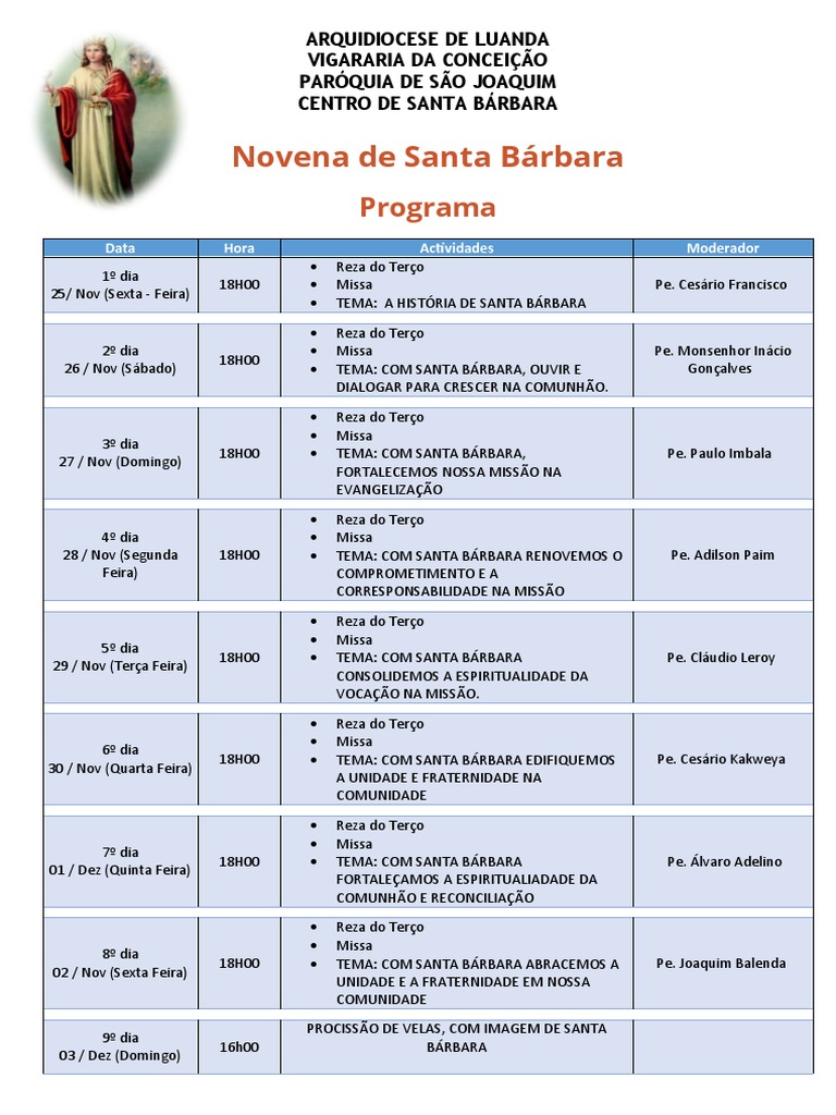 Programa Da Novena de Santa Bárbara | PDF | Igreja católica | Famílias denominacionais cristãs