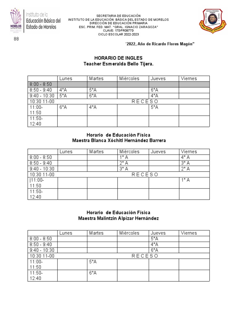 Horario de Clases 2022-2023 Primaria | PDF