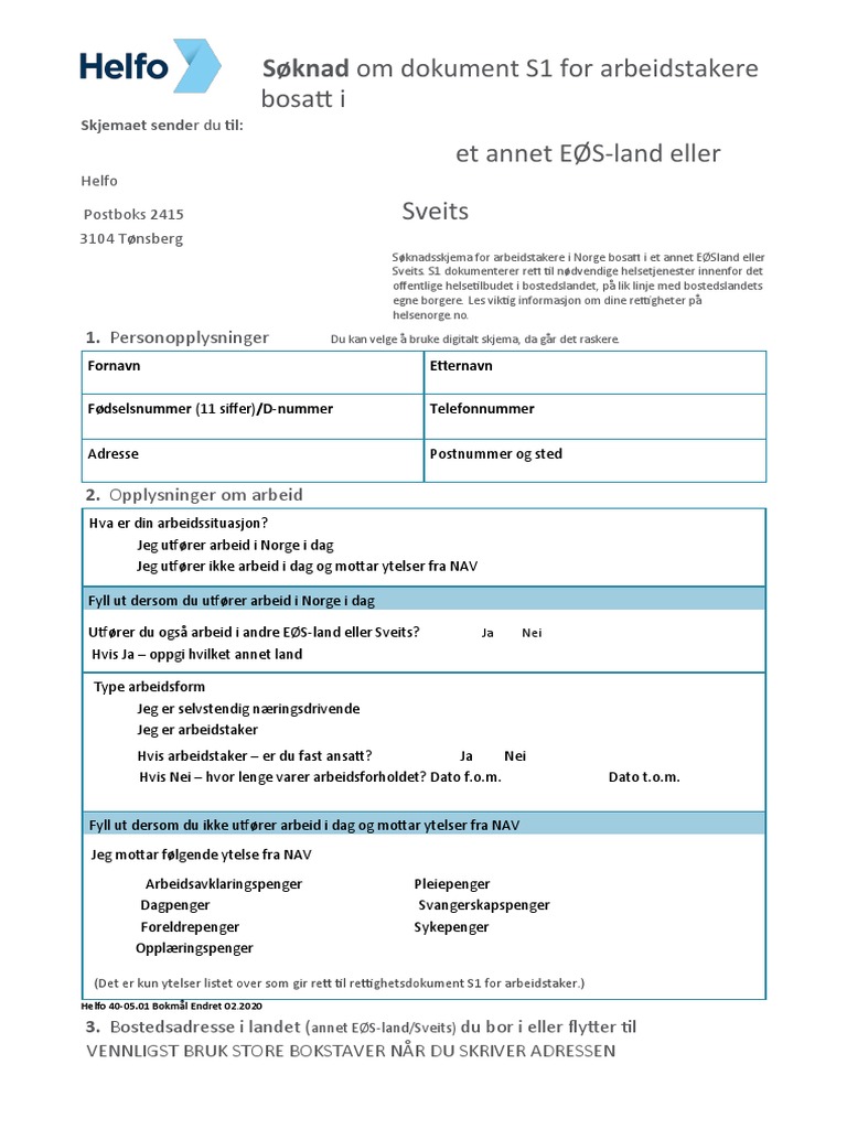 Søknad Om Dokument S1 For Arbeidstakere Bosatt I Annet EØS-land Eller Sveits-40-05.01-Bokmål | PDF