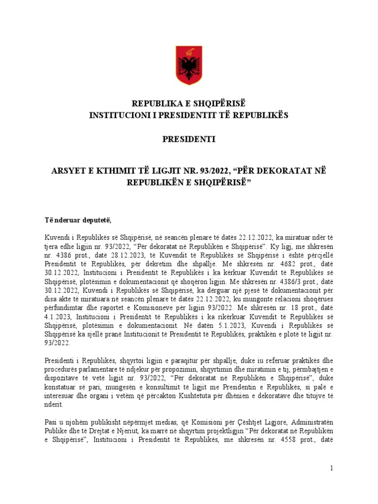 Arsyet e Kthimit Të Ligjit Nr. 93-2022, "Për Dekoratat Në Republikën e ...