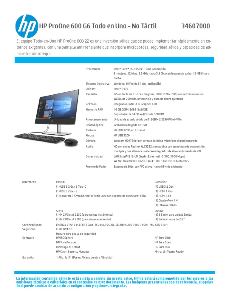 HP ProOne 600 G6 AIO NT 22 34607000 | PDF | USB | Electrónica