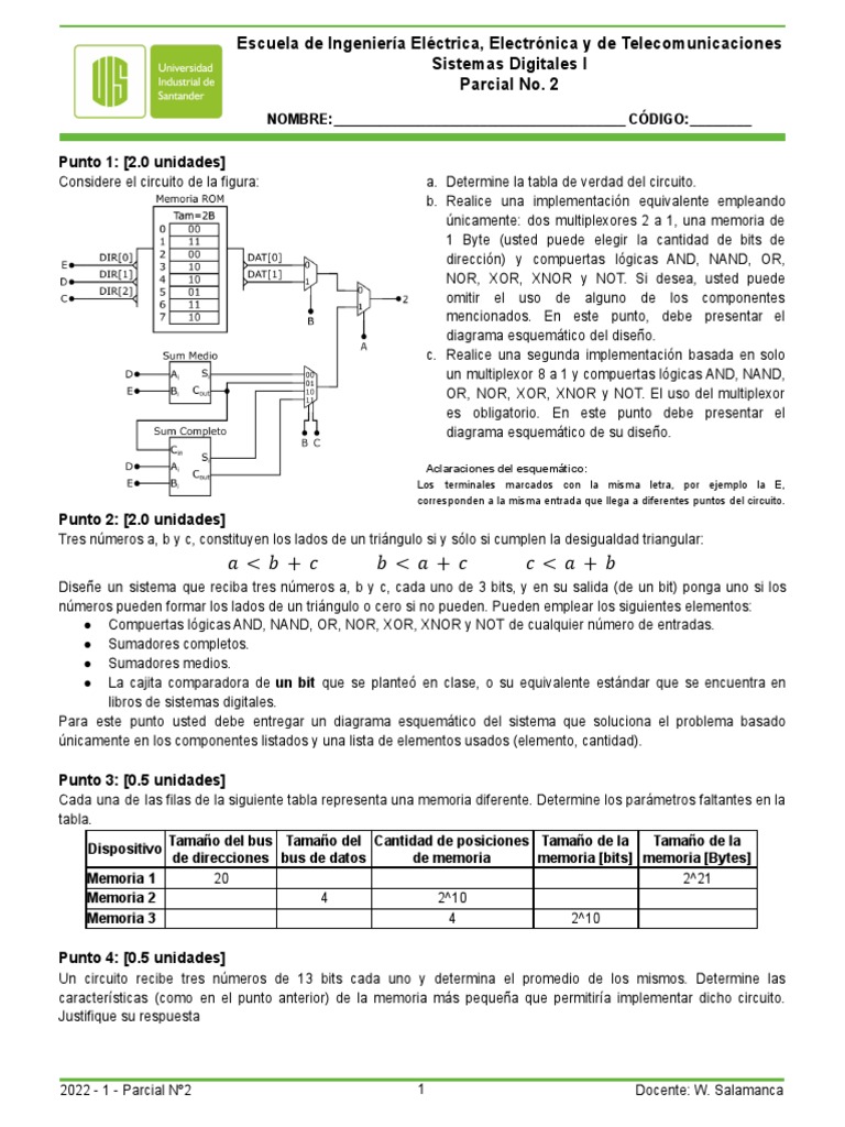 UIS - 2022 - 1 - Sistemas Digitales I - Parcial 2 - Aplicaciones ...
