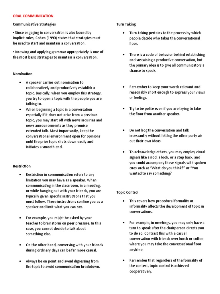 ORAL COMM Q2 First Semester REVIEWER | PDF | Conversation | Communication