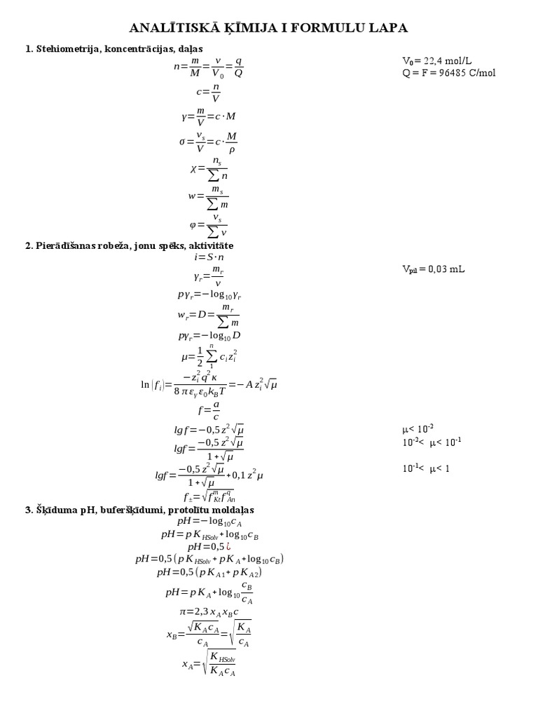 Analītiskā Ķīmija I Formulu Lapa | PDF