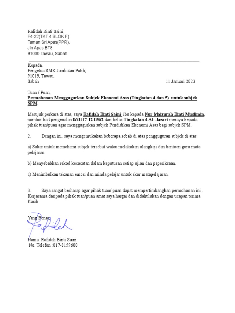 Surat Permohonan Mengugurkan Subjek Ekonomi Asas | PDF