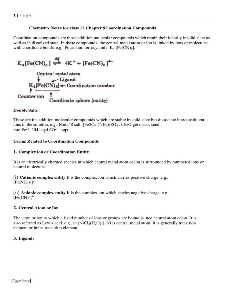 Chemistry Notes For Class 12 Chapter 9 Coordination Compounds | PDF ...