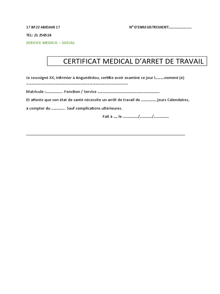 Certificat De Passage Aux Urgences Arrt De Travail
