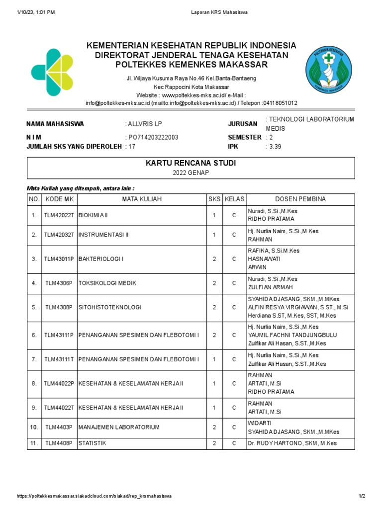 Laporan KRS Mahasiswa | PDF