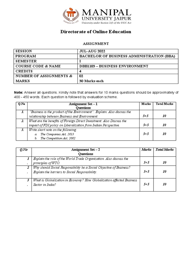 Assignment - DBB1103 - BBA 1 - Set-1 and 2 - Nov - 2022 | PDF | Business