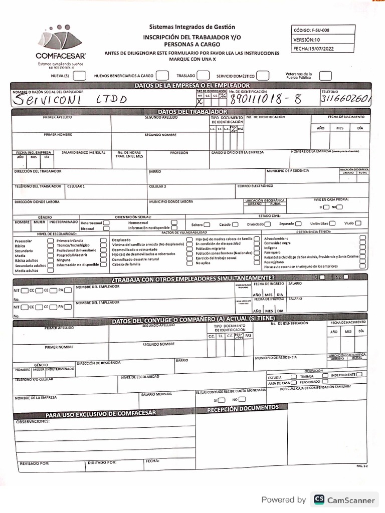 Formulario Afiliación Comfacesar | PDF