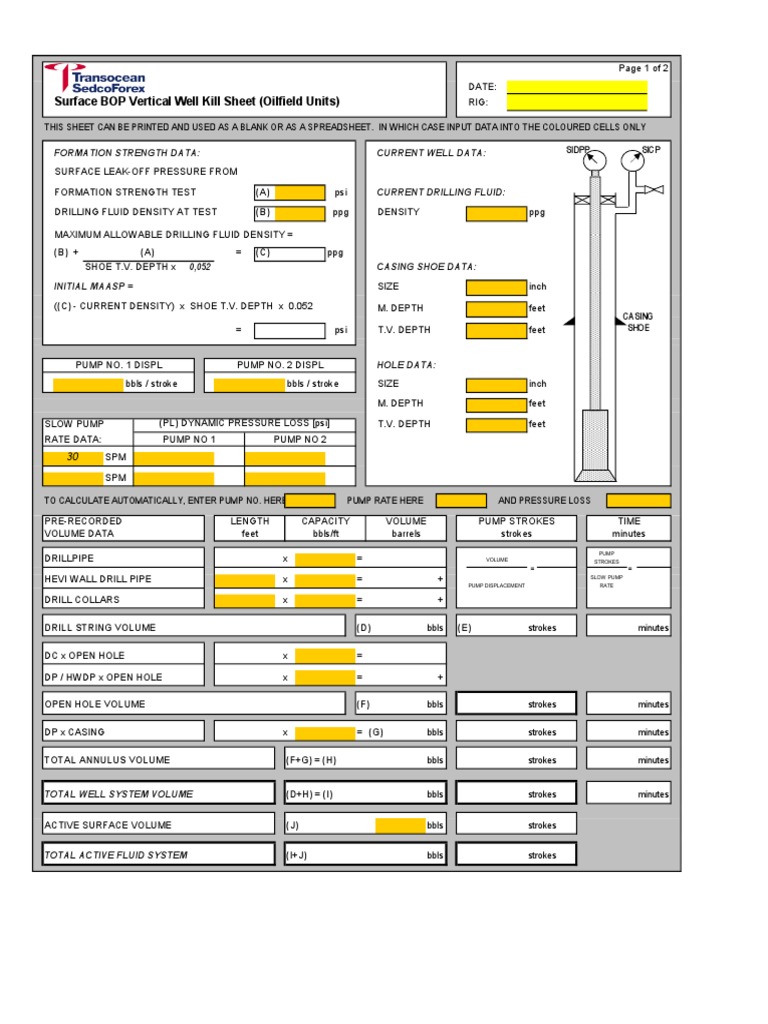 Form Kill Sheet Well Cotrol | PDF | Casing (Borehole) | Mechanical Engineering