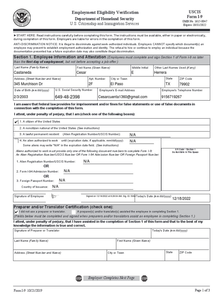 Employment Eligibility Verification: U.S. Citizenship and Immigration ...