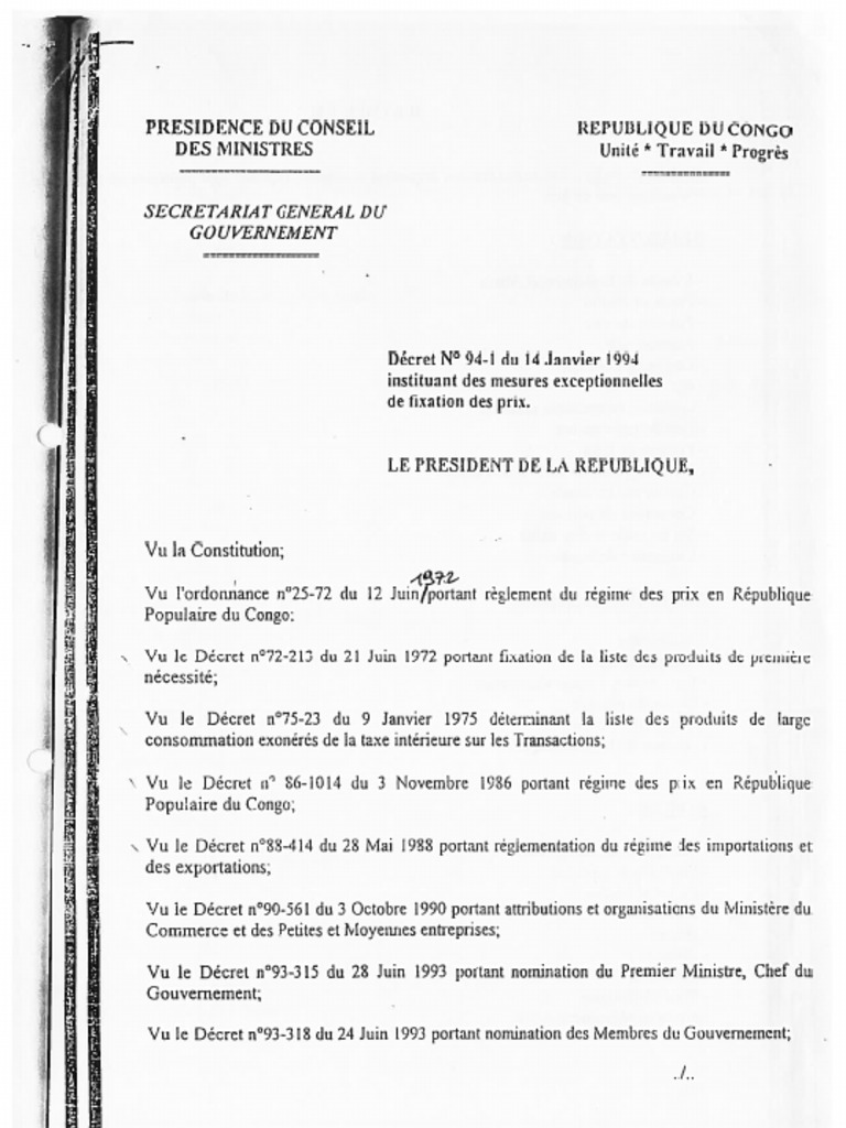 Décret N° 94-1 Du 14 Janvier 1994 Instituant Des Mesure Exceptionnelle ...