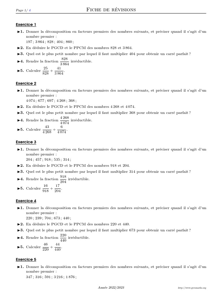 Révisions Mathématiques: Décomposition, PGCD, PPCM et Factorisation ...