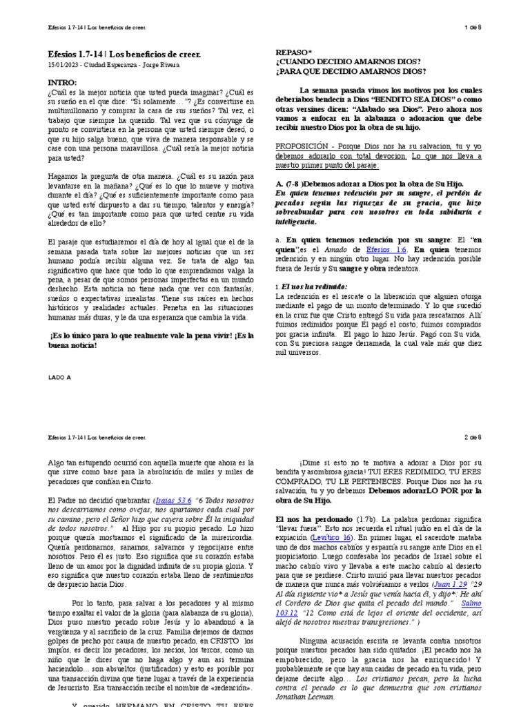 Efesios 1.7-14 - Los Beneficios de Creer | PDF | Cristo (título) | Pecado