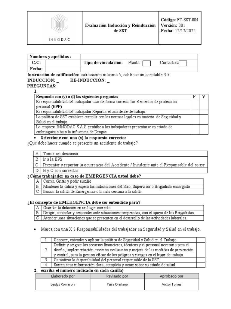 Evaluación SST: Inducción y Reinducción | PDF