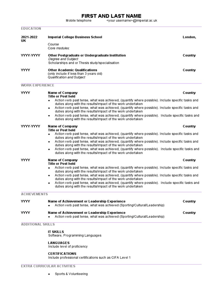 Imperial College CV Template Guide | PDF | Master's Degree ...